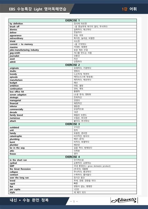 Pdf 수능특강 Light 영어독해연습 워크북과 변형문제 01강 04강 The Answer