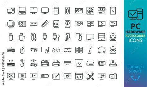 PC Hardware And Accessories Icons Set Set Of Computer Parts CPU GPU SSD PC Case Wireless