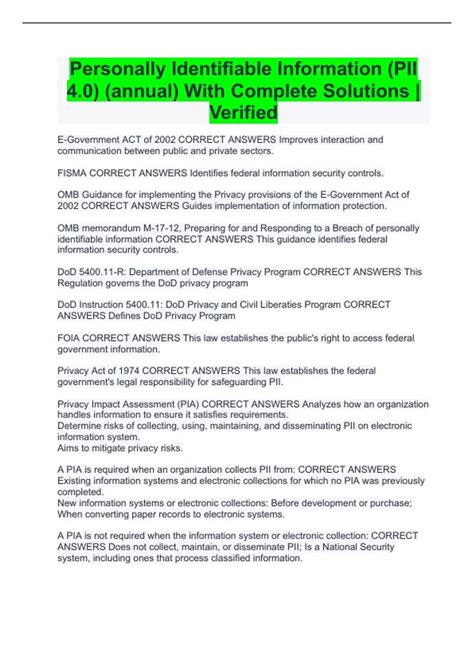 Personally Identifiable Information Pii 40 Annual With Complete Solutions Verified Pii