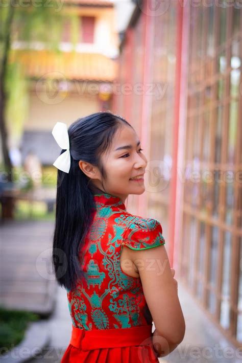 Smart Girl In Red Color Dress Style Chiness New Year In Culture And Public Chiness Temple
