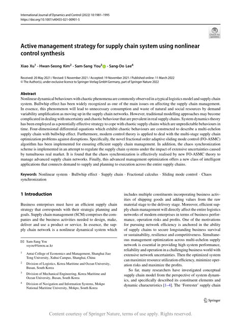 Active Management Strategy For Supply Chain System Using Nonlinear Control Synthesis Request Pdf