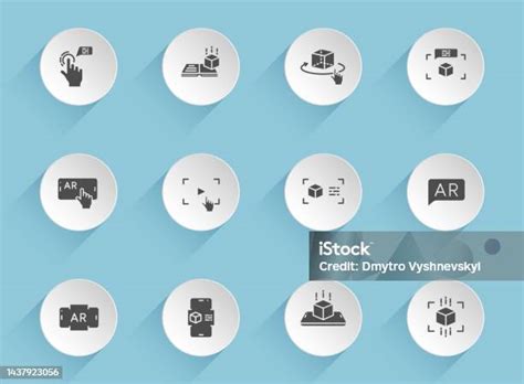 파란색 배경에 투명한 그림자가 있는 둥근 푹신한 종이 원에 증강 현실 벡터 아이콘 증강 현실 스톡 벡터 아이콘 웹 모바일 및 사용자 인터페이스 디자인 아이콘에 대한 스톡