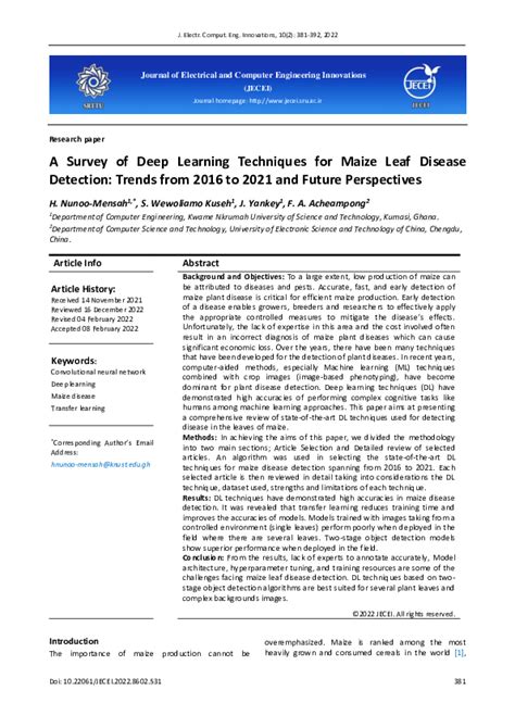 Pdf A Survey Of Deep Learning Techniques For Maize Leaf Disease Detection Trends From 2016 To