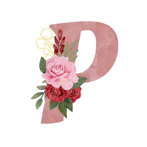 Floral Alphabet Letter P With Watercolor Flower Bouquet Floral