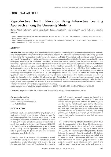 Pdf Reproductive Health Education Using Interactive Learning Approach Among The University