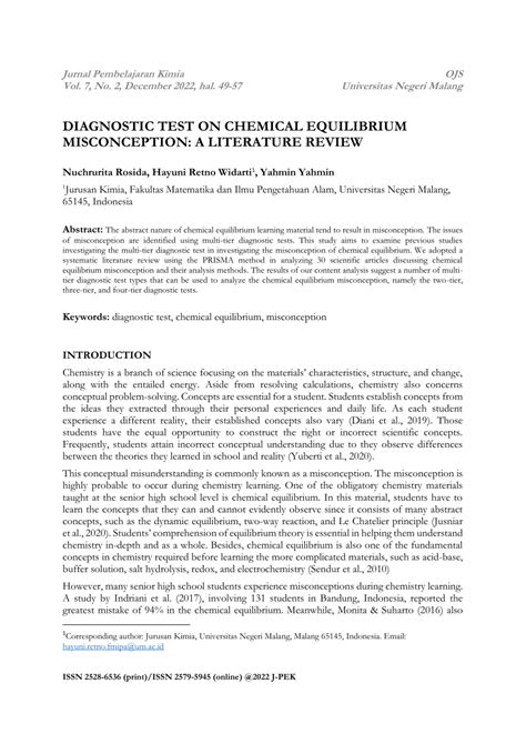 Pdf Diagnostic Test On Chemical Equilibrium Misconception A