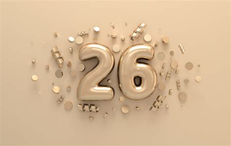 축제 색종이와 나선형 리본 황금 3d 번호 26 26 주년 기념 이벤트 파티를 축하하기위한 포스터 템플릿 3d 렌더링 0명에 대한 스톡 사진 및 기타 이미지 Istock