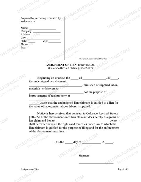 Colorado Assignment Of Lien Individual Co Lien Colorado Us Legal