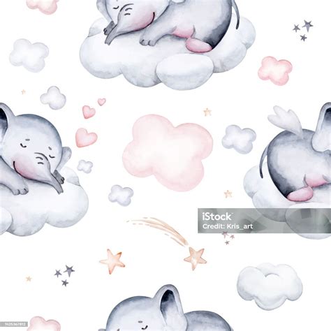 잠자는 코끼리가있는 어린이를위한 수채화 패턴 아기 직물 베이지 색과 푸른 구름 달 태양이있는 포스터 핑크 인쇄 보육원 인쇄 일러스트 섬유 귀여운에 대한 스톡 벡터 아트 및