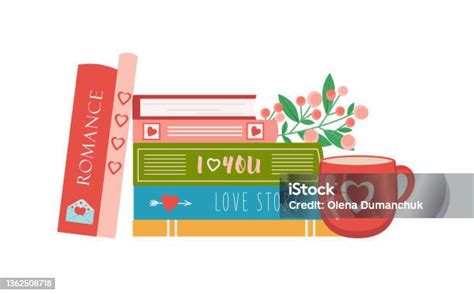 차 또는 코프와 꽃 한 잔과 책의 스택 발렌타인 데이 책 발렌타인 데이선물 사랑 이야기 로맨스 사랑에 대한 책 상점 상점