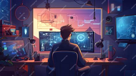 Premium Vector A Man Sits At A Computer With A Monitor And A Man Looking At It