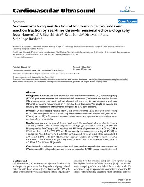 Pdf Semi Automade Quantification Of Left Ventricular Volumes And Ejection Fraction By Real