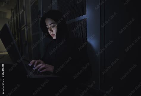 hacking server room and woman computer coding data center crime and