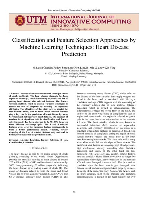Pdf Improving Heart Disease Prediction Using Feature Selection Approaches