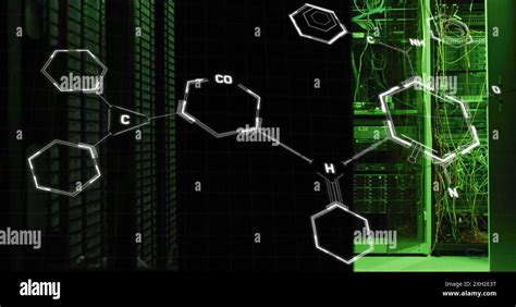 Image Of Molecule Structures Over Illuminated Server Room In Background Digital Composite