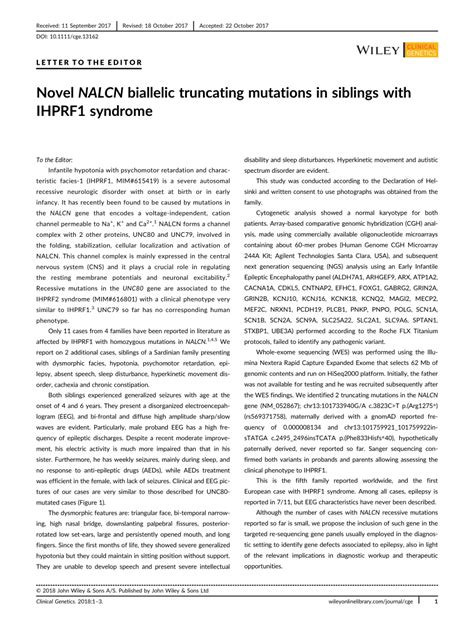 Pdf Novel Nalcn Biallelic Truncating Mutations In Siblings With