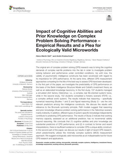 Pdf Impact Of Cognitive Abilities And Prior Knowledge On Complex Problem Solving Performance