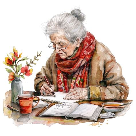 12 Senior Woman Writing Clipart Writer Clipart Printable Watercolor Clipart High Quality