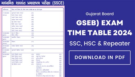 Gujarat Board Gseb Exam Time Table 2024 Download In Pdf