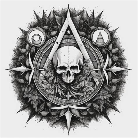 Premium Photo A Black And White Drawing Of A Skull And A Compass