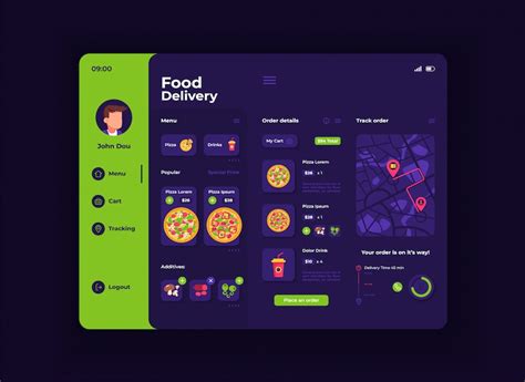 음식 배달 태블릿 인터페이스 템플릿입니다 모바일 앱 페이지 야간 모드 디자인 레이아웃 주문 메뉴 화면 애플리케이션 용 플랫 Ui 휴대용 장치 디스플레이의 피자 재료