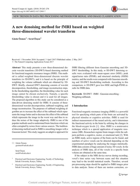 A New Denoising Method For Fmri Based On Weighted Three Dimensional Wavelet Transform Request Pdf