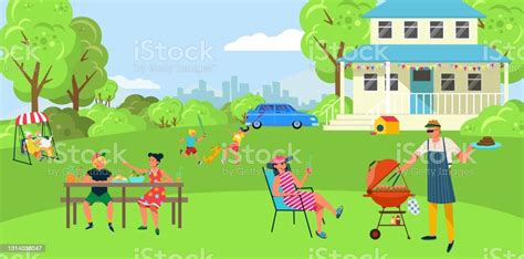 친절한 사랑스러운 가족 바베큐 야외 파티 사람들이 함께 바베큐 뒤뜰 재미있는 시간을 보내고 평면 벡터 일러스트를 보낸다 가정 생활에 대한 스톡 벡터 아트 및 기타 이미지