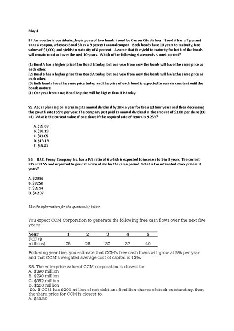 Fina 2303 Practice Questions May 4 V1 Questions May 4 B4 An Investor Is Considering Buying One