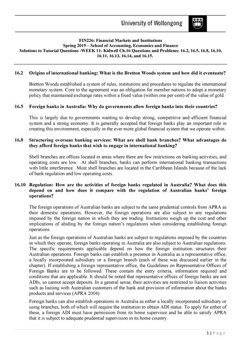 Fin226 Tutorial Solution International Banking Week 11 1 Page Fin226 Financial Markets