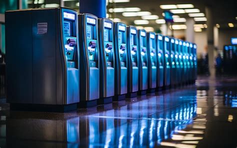 체크인을 위한 셀프 서비스 터미널이 있는 공항 내부 프리미엄 사진