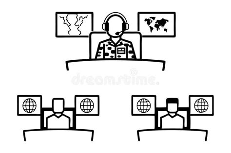 Military Operator Monitoring Cybersecurity System In Control Room With Multiple Monitors