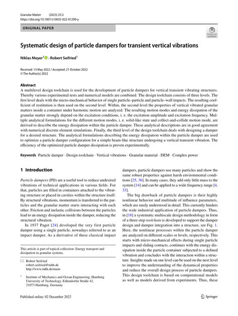 Pdf Systematic Design Of Particle Dampers For Transient Vertical Vibrations