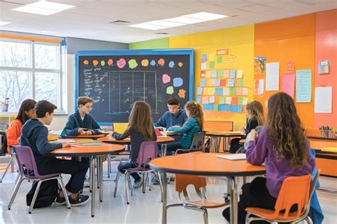 Dynamic Classroom With Babes Collaborating Under Soft Lighting Premium AI Generated Image