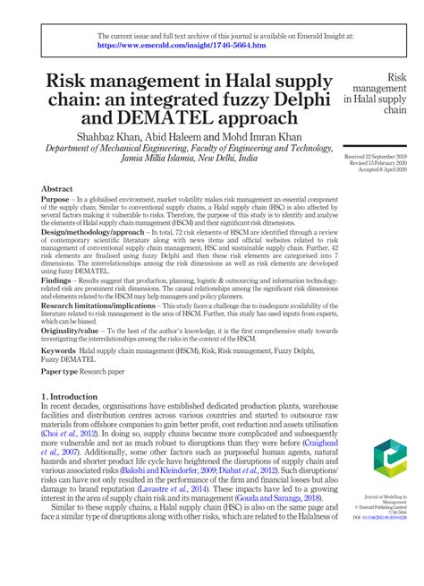 Pdf Risk Management In Halal Supply Chain An Integrated Fuzzy Delphi And Dematel Approach