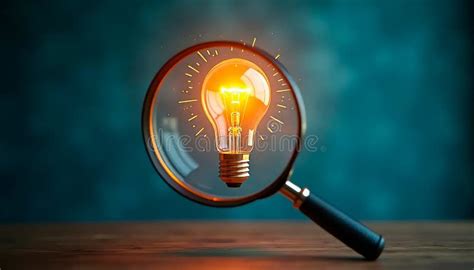 A Magnifying Glass Focusing On A Glowing Light Bulb Symbolizing Innovation Ideas And Close