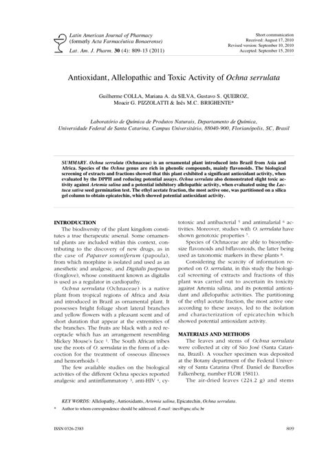 Pdf Antioxidant Allelopathic And Toxic Activity Of Ochna Serrulata