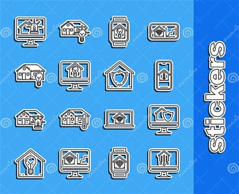 Set Line Computer Monitor With Smart Home House Under Protection Mobile Phone Temperature