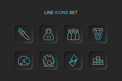 스포츠 우승자 연단 수영 오리발 축구 축구 공 레이싱 헬멧 메달 볼링 핀 무게 및 횃불 불꽃 아이콘에 대한 세트 라인 상 벡터 1에 대한 스톡 벡터 아트 및 기타 이미지