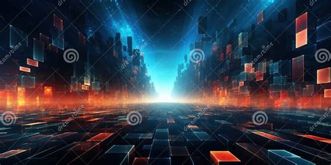Abstract Tech Background Dark Futuristic Digital Space With Light In Distance Perspective View