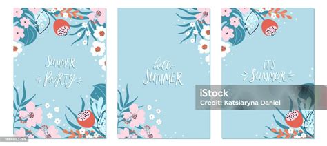 손으로 그린 순진한 예술 식물 배경은 파티 초대장 섬유 인쇄물 판매 포스터 및 인사말 카드입니다 열대 꽃과 나뭇잎이 있는 귀여운 프레임 파란색 배경에 벡터 템플릿 세트입니다