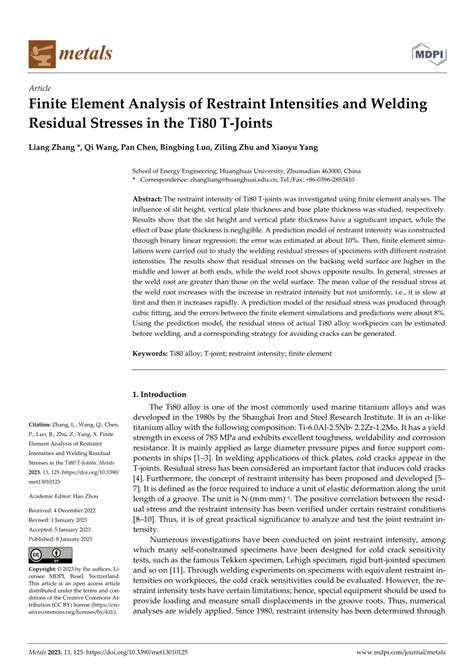 Pdf Finite Element Analysis Of Restraint Intensities And Welding Residual Stresses In The Ti80