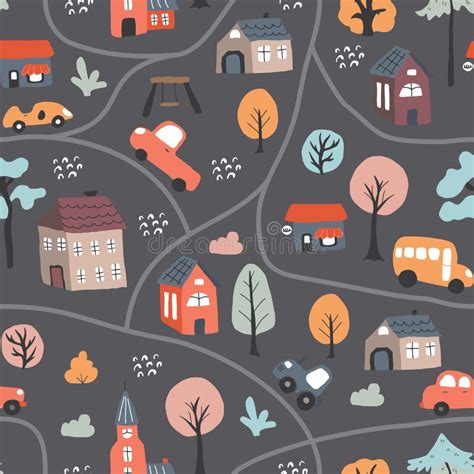 Cute City Map Seamless Pattern Cartoon Town Landscape Background