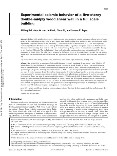 Experimental Seismic Behavior Of A Five Storey Double Midply Wood Shear Wall In A Full Scale