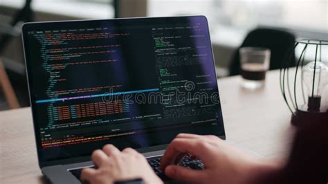 Close Up Of Freelancer S Hands Typing Code On Laptop Keyboard Camera Slides Around Developer S