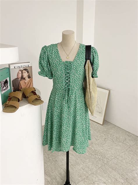 호션 플라워 리본끈 퍼프소매 미디 원피스3color