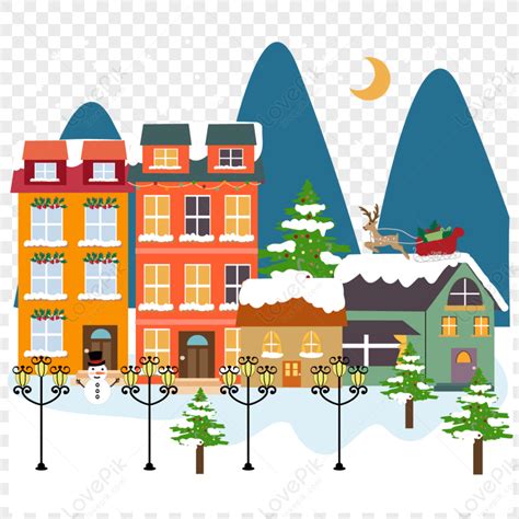 손으로 그린 만화 크리스마스 마을 달 그림식물겨울 Png 일러스트 무료 다운로드 Lovepik