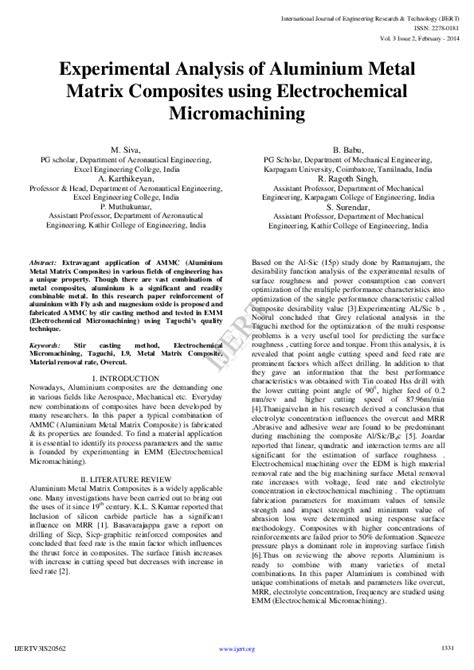Pdf Experimental Analysis Of Aluminium Metal Matrix Composites Using Electrochemical