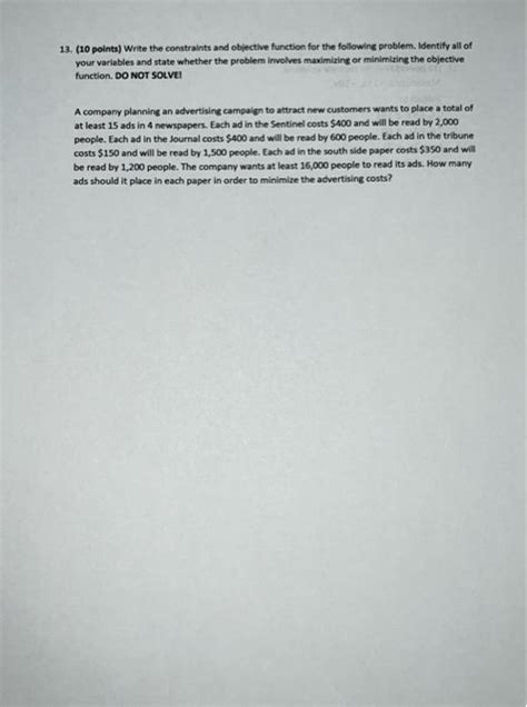 solved 13 10 points write the constraints and objective
