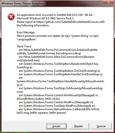fix common errors not opening · issue 7466 · subtitleedit