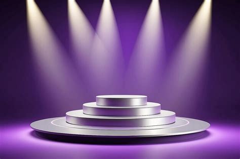 보라색 배경에 실버 라운드 포디움 스포트라이트 또는 볼 조명으로 시상식을 위한 빈 기단 3d 일러스트레이션 이미지 프리미엄 사진